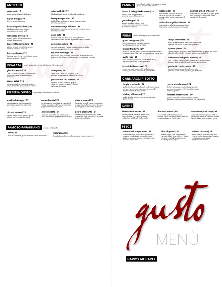 Trattoria Gusto Menu 2024 | PDF | Pesto | Italian Cuisine