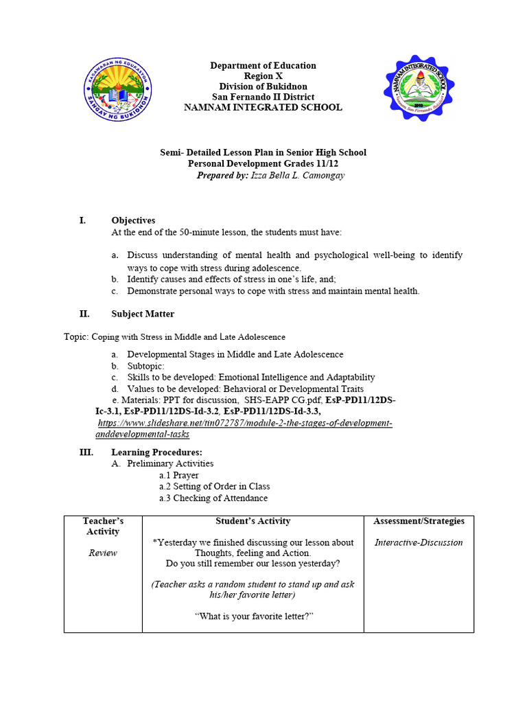 Lesson Plan PERDEV Coping With Stress in Middle and Late Adolescence ...
