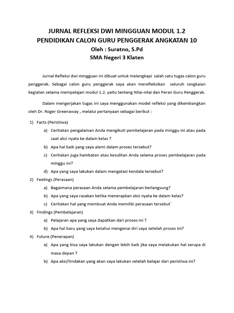 Jurnal Refleksi Dwi Mingguan Modul 1.2 - Suratno | PDF