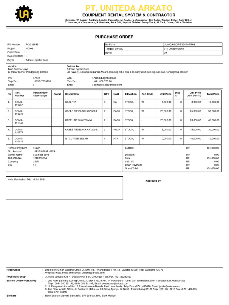 Purchase Slip Po 036856 | PDF | Construction Equipment | Industrial ...