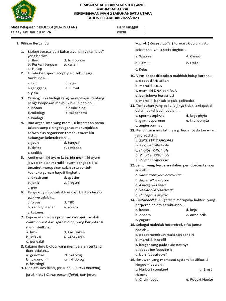 Soal Biologi Kls X 2022 | PDF