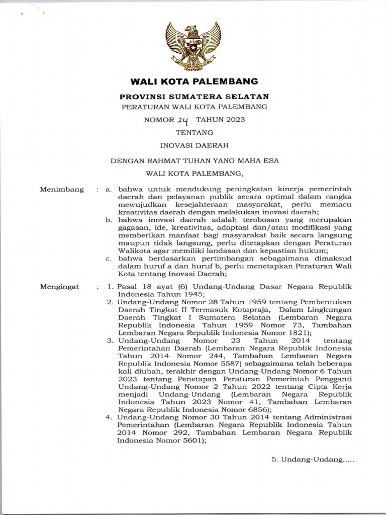 Perwali Kota Palembang No 24 TH 2023 | PDF