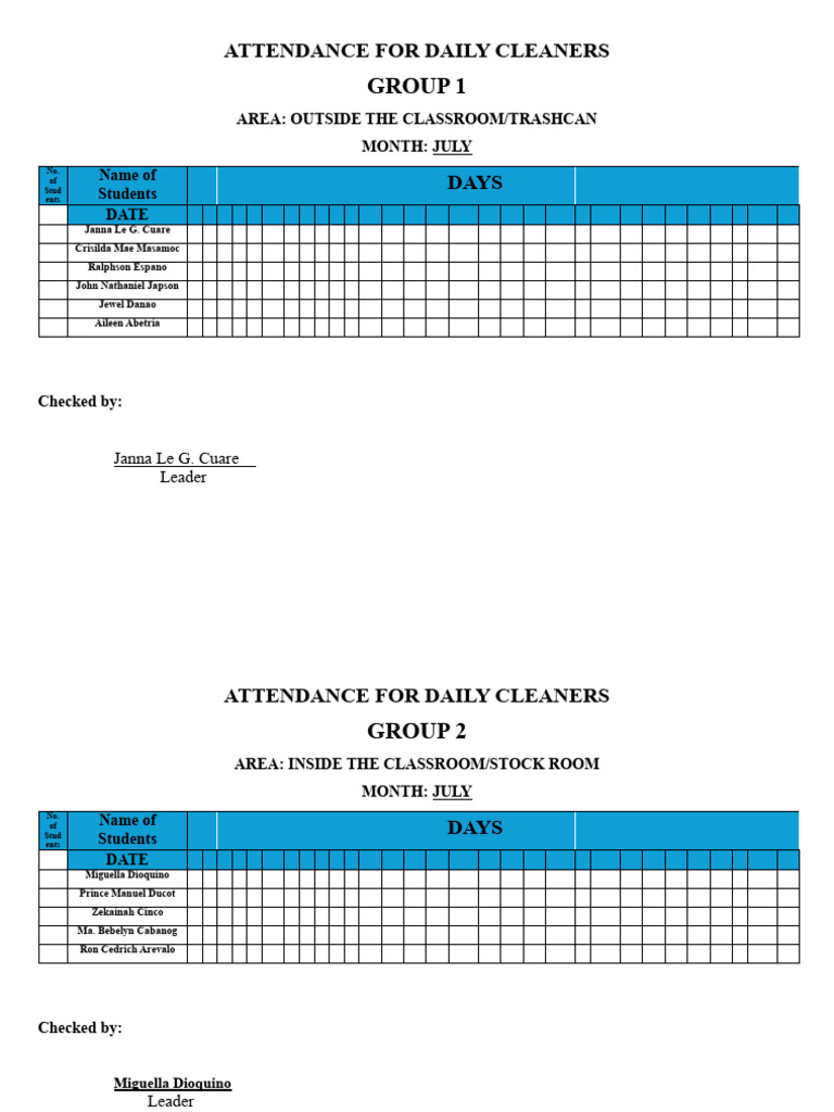 Attendance Sheet For Daily Cleaners | PDF