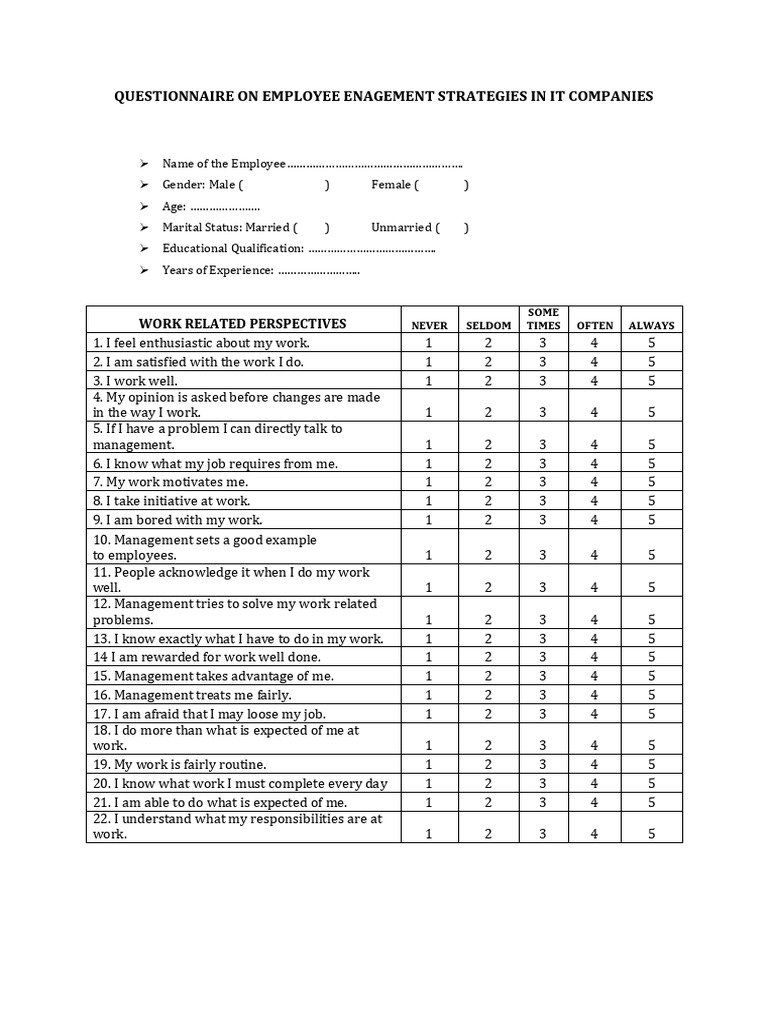 Employee Engagement Questionnaire | PDF | Social Psychology ...