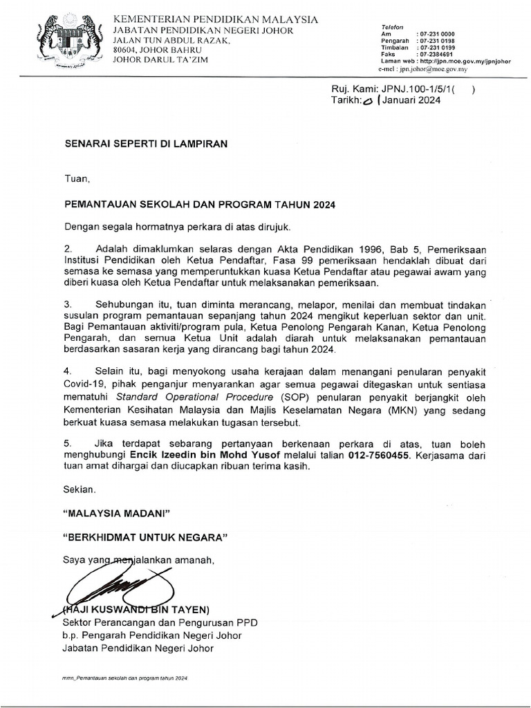Surat 20240101 JPNJ Pemantauan Sekolah 2024 | PDF
