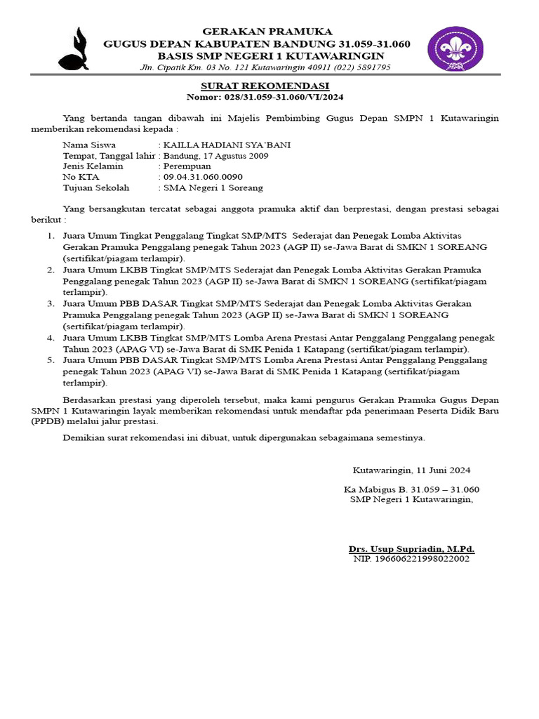 Surat Rekomendasi Japres Kail 4 | PDF