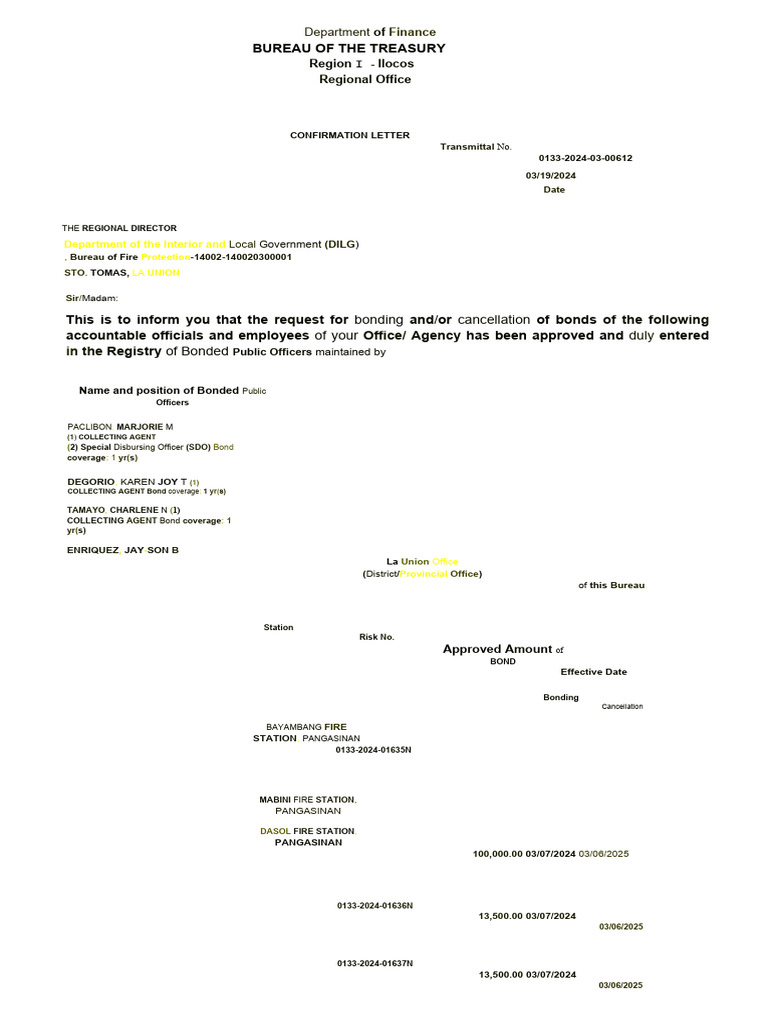 Confirmation Letter Treasury | PDF