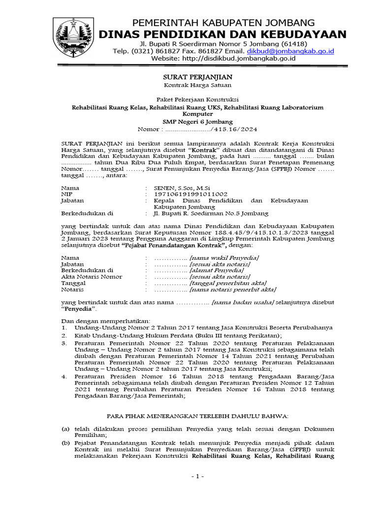 V.17 Draft Kontrak Tender PK SMP NEGERI 6 JOMBANG | PDF