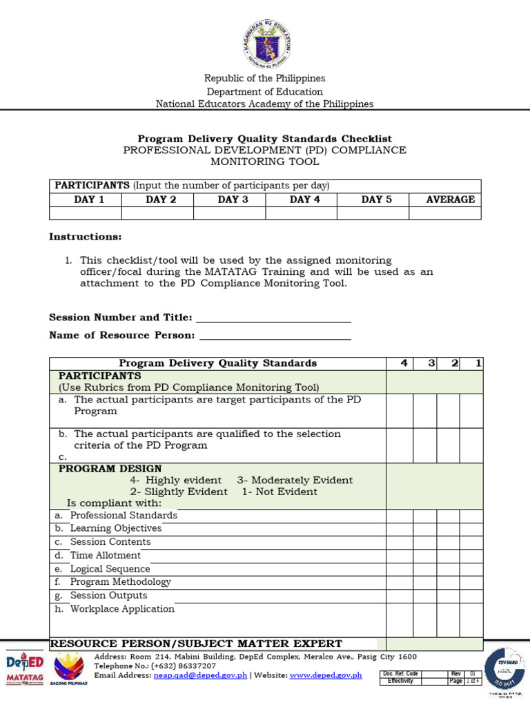 Standards Checklists For PD Compliance 2024 Final | PDF | Learning ...