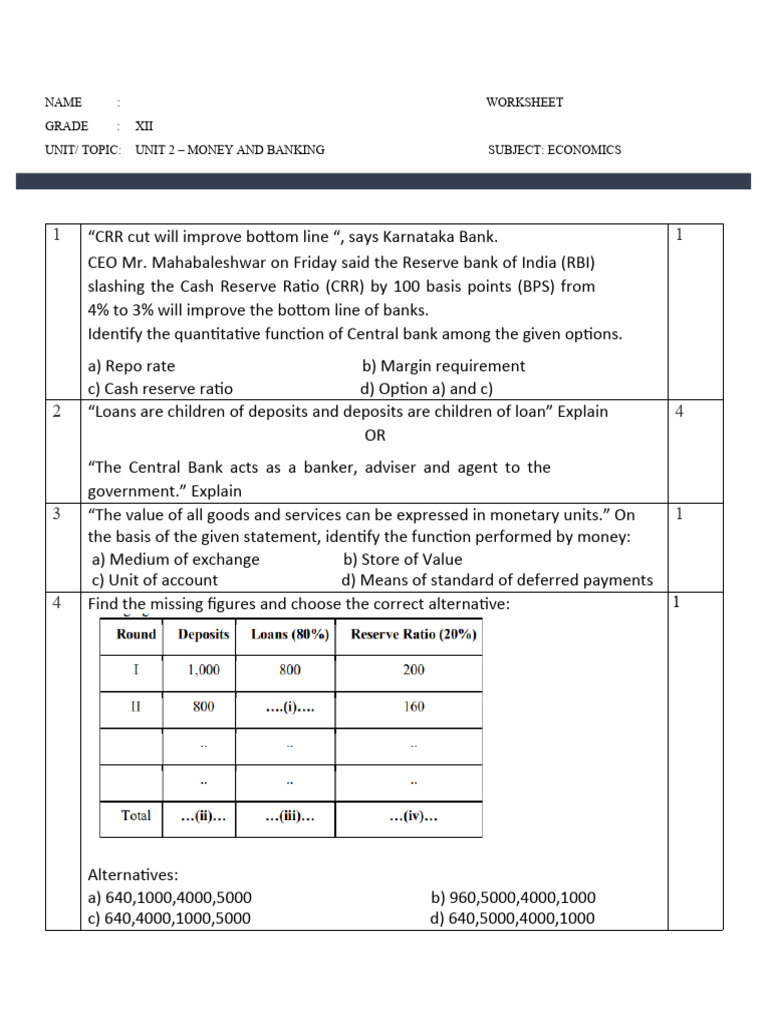 Worksheet - Unit 2 Money and Banking | PDF | Money Creation | Banks