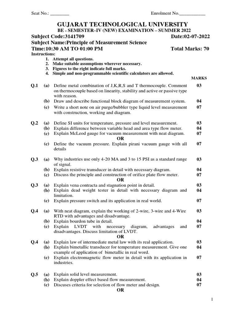 PMS Pyqs | PDF | Pressure Measurement | Flow Measurement