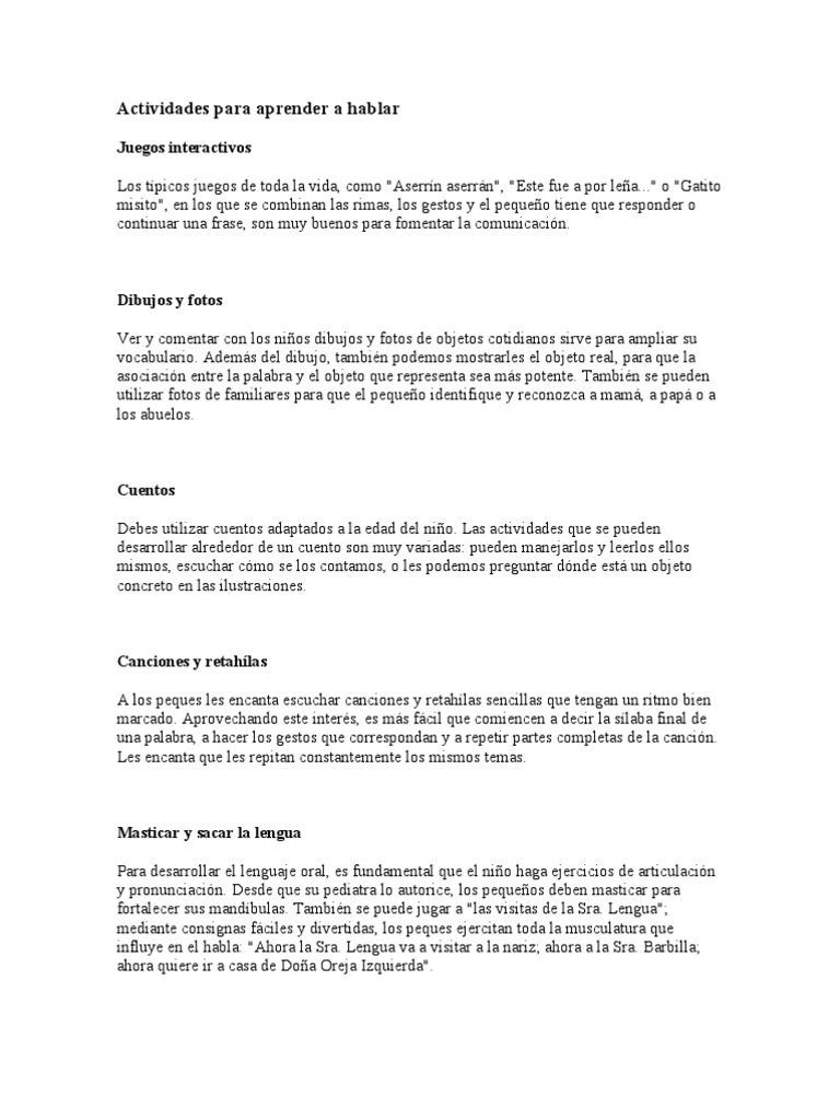 Actividades para Aprender A Hablar | PDF | Aquisición de idioma ...
