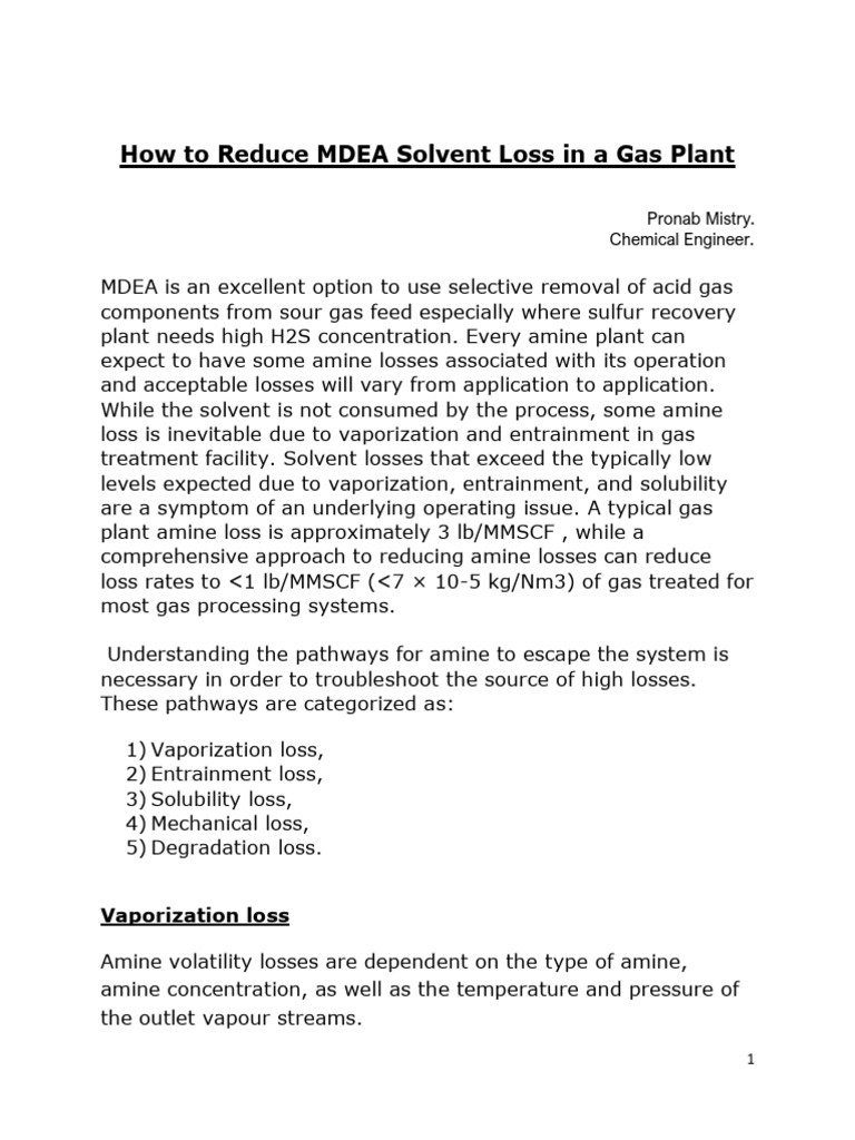 Reducing MDEA Solvent Loss in Gas Plants | PDF | Materials | Process ...