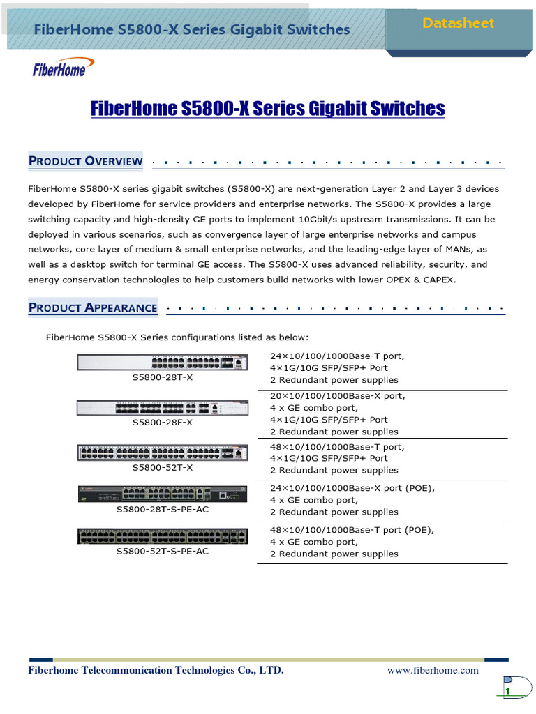 FiberHome S5800 X Switch Datasheet V3.0 | PDF | Port (Computer ...