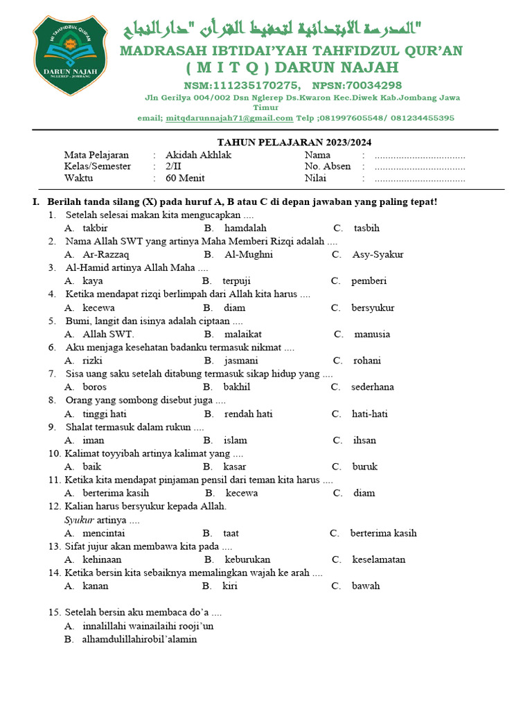 Soal Pts Akidah Akhlak Kls 2 SMT 2 | PDF