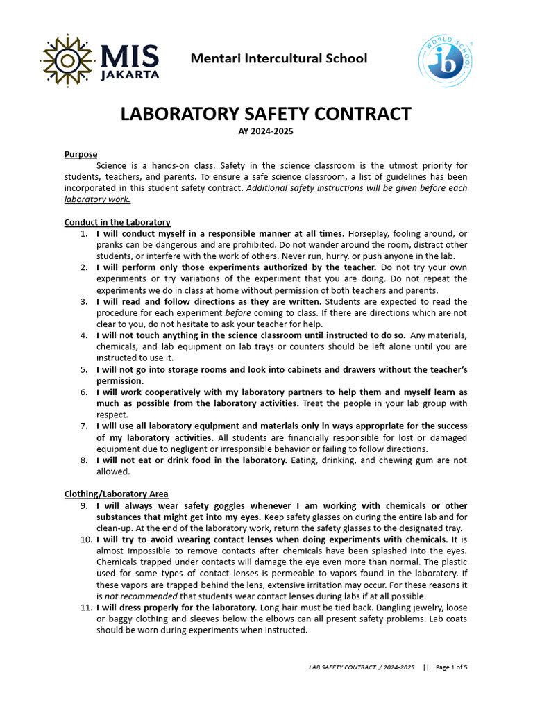 Science Laboratory Safety Contract MISJ 2024-2025 | PDF | Contact Lens ...