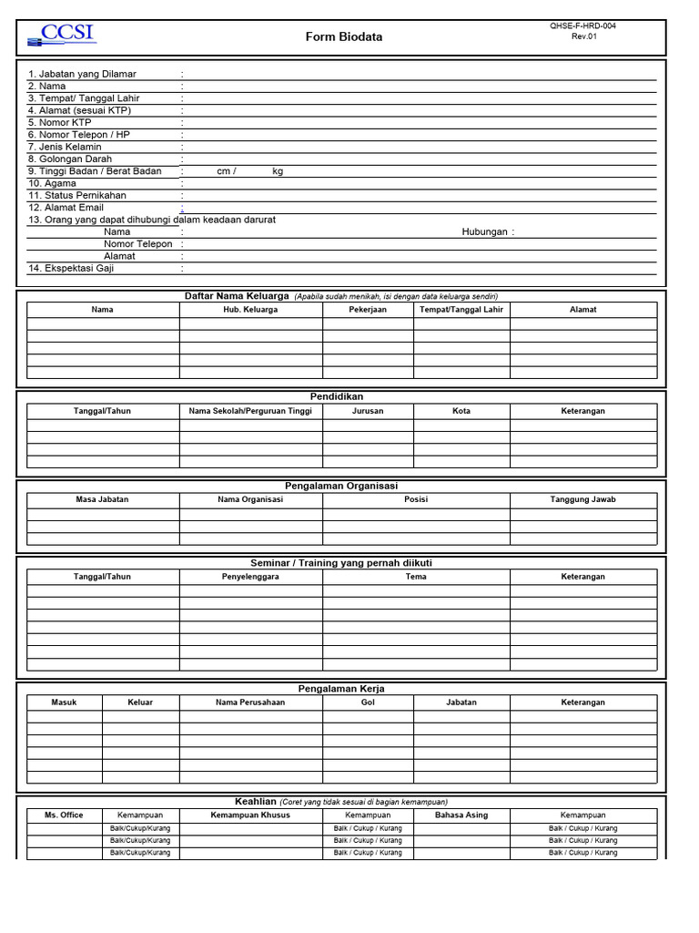 QHSE-F-HRD-004 Form Biodata Calon Karyawan | PDF