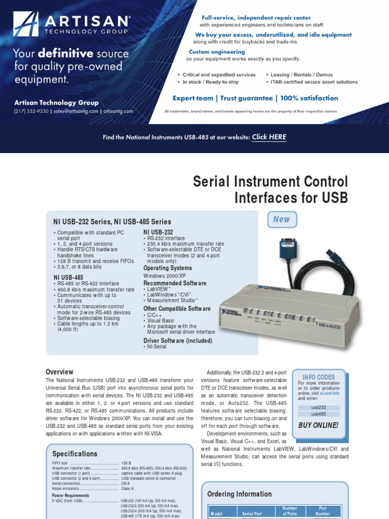 National Instruments USB-232 - USB-485 Series Datasheet | PDF | Usb | Information And ...