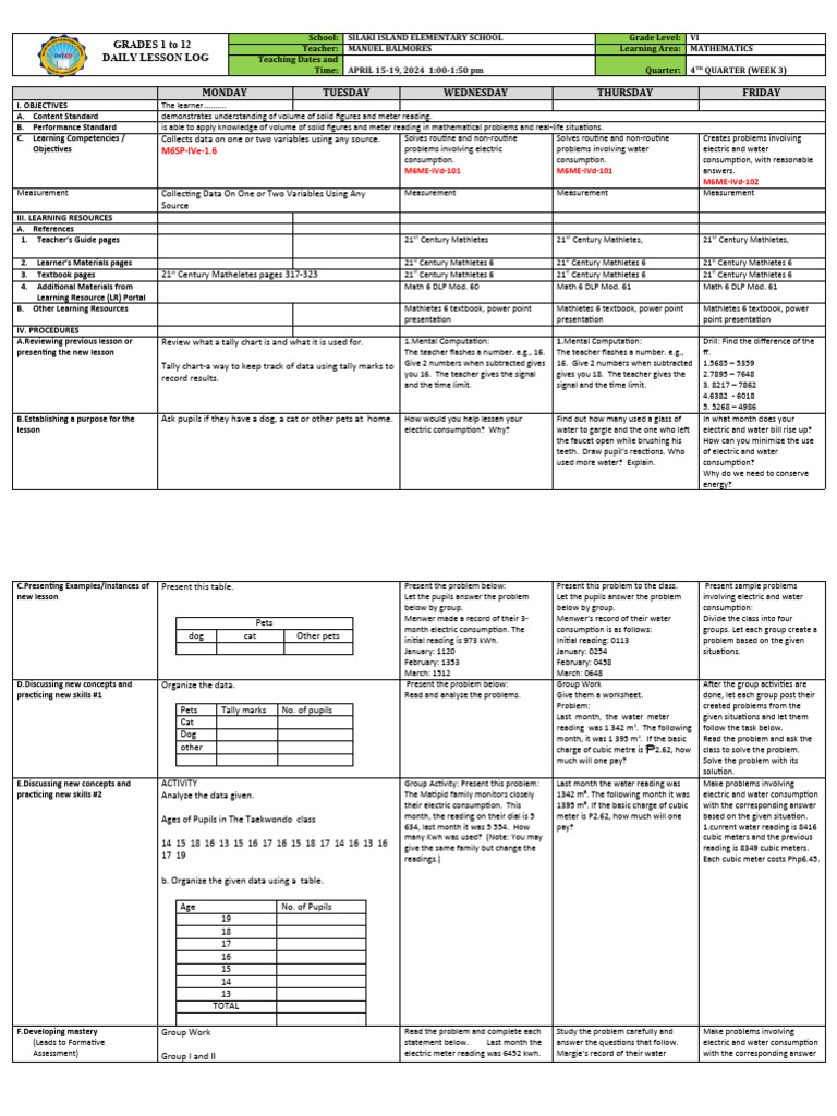 DLL - Mathematics 6 - Q4 - W4 | PDF | Mathematics | Learning