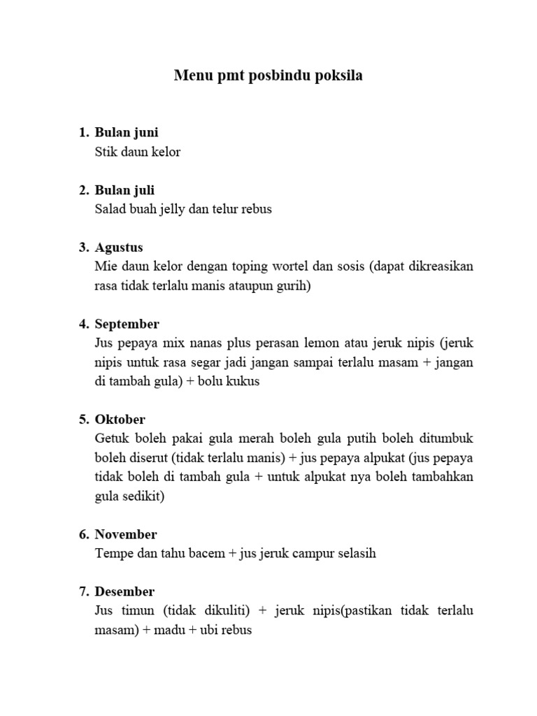 Menu PMT Posbindu Poksila Dan Posyandu 2023 | PDF