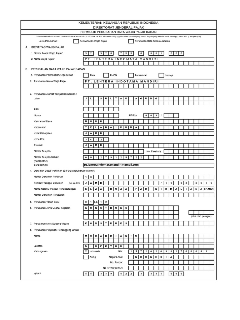 Formulir Perubahan Data Badan | PDF