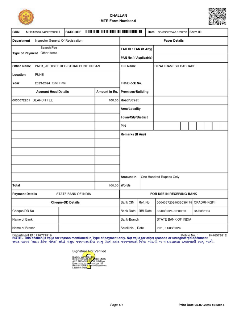E Challan MH018504242202324 U | PDF | Payments