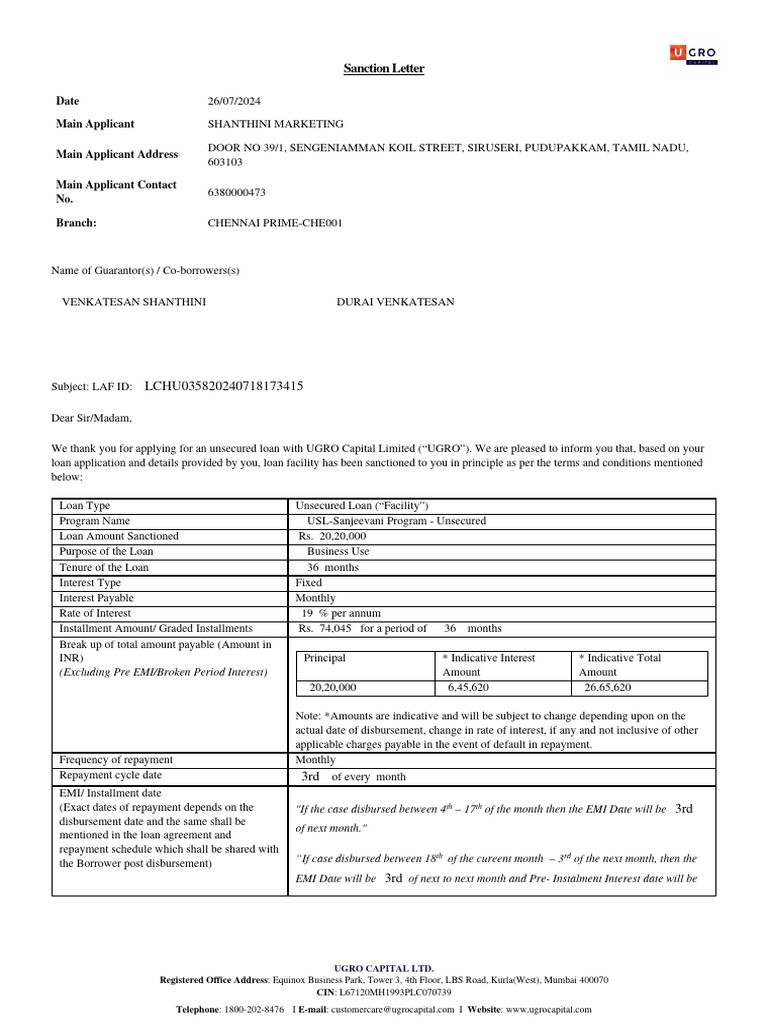 UGRO SM Sanction Letter | PDF | Loans | Interest