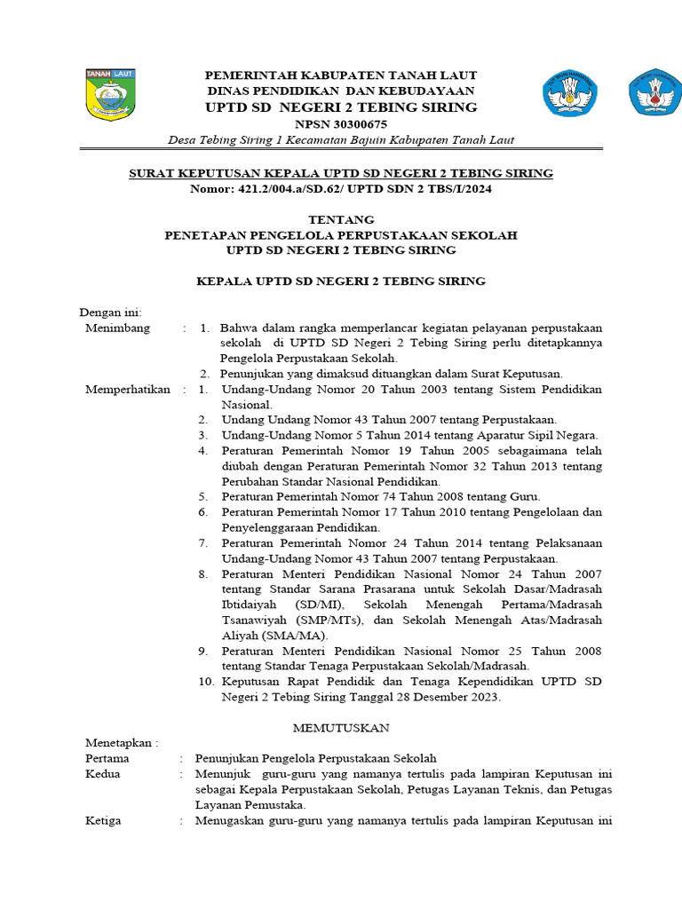 SK Pengelola Perpustakaan TBS 2 2024 2025 | PDF