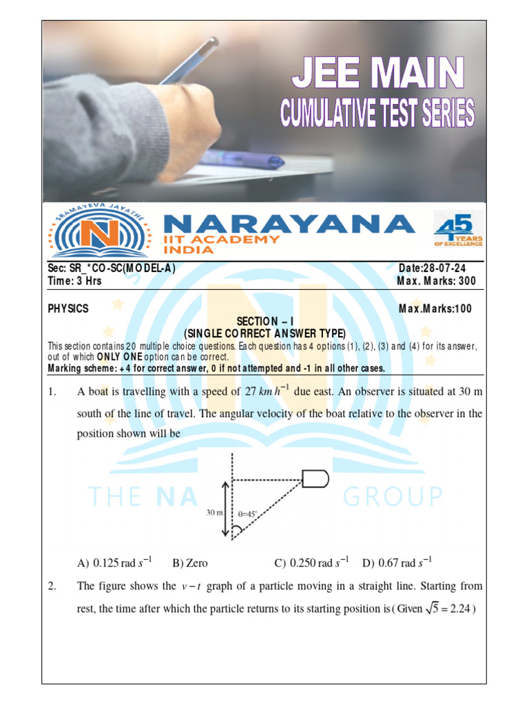 28-07-24 SR - Iit Star Co-Sc (Model-A) Jee-Main Ctm-14 QP Final | PDF | Force | Quantity