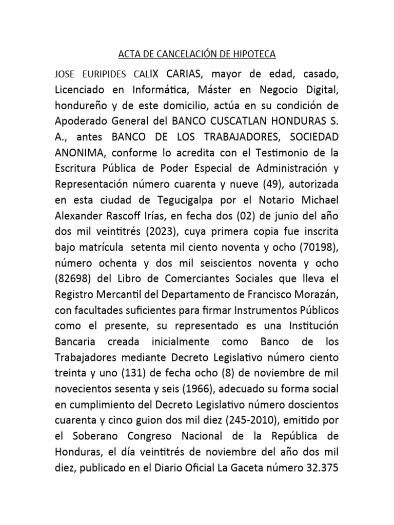 Acta de Cancelación de Hipoteca | PDF | Honduras