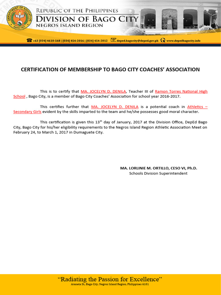 Certification of Membership To Bago City Coaches - Association | PDF