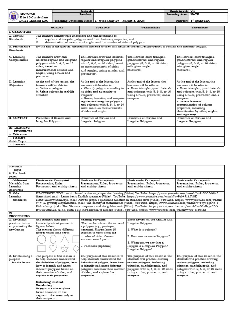 Validated-Dll Math 7 Quarter 1 Week 1 | PDF | Circle | Polygon