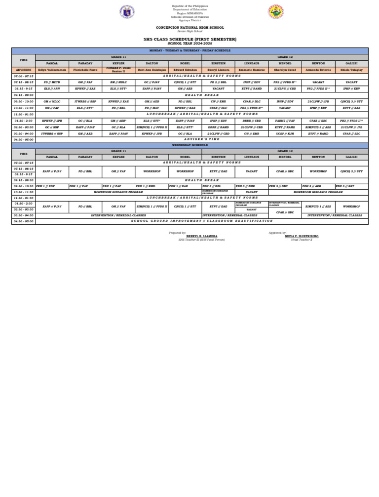 SHS Class Schedule 2024-2025 | PDF