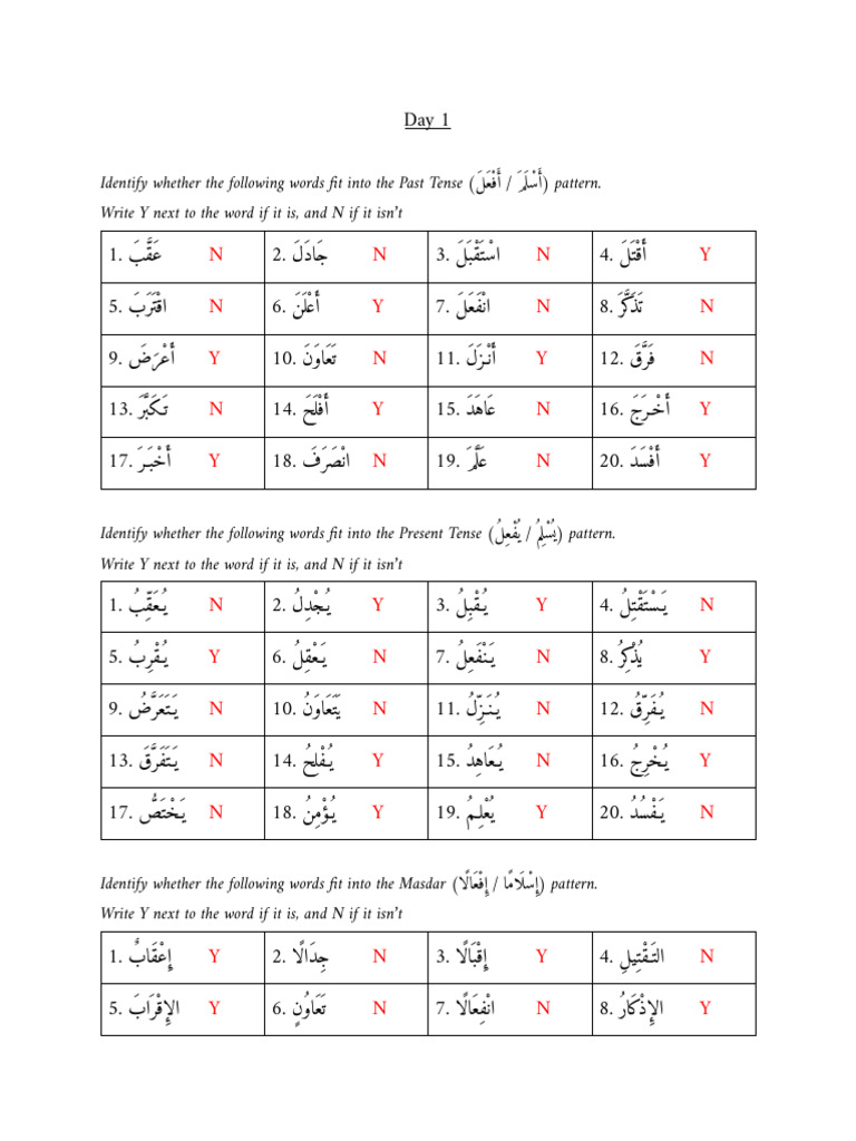 Sarf Workbook Day 1-5 Key | PDF | Syntactic Relationships | Linguistic Typology