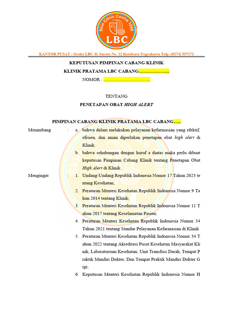 Penetapan Obat High Alert Klinik LBC | PDF