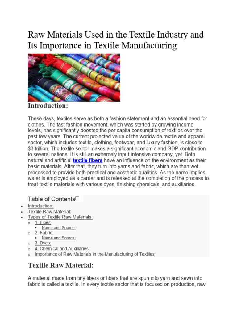 Raw Materials Used in The Textile Industry | PDF | Textiles | Dye