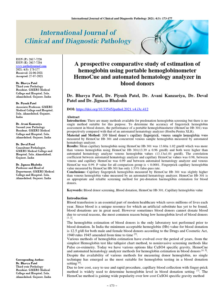 A Prospective Comparative Study of Estim | PDF | Hemoglobin | Pathology