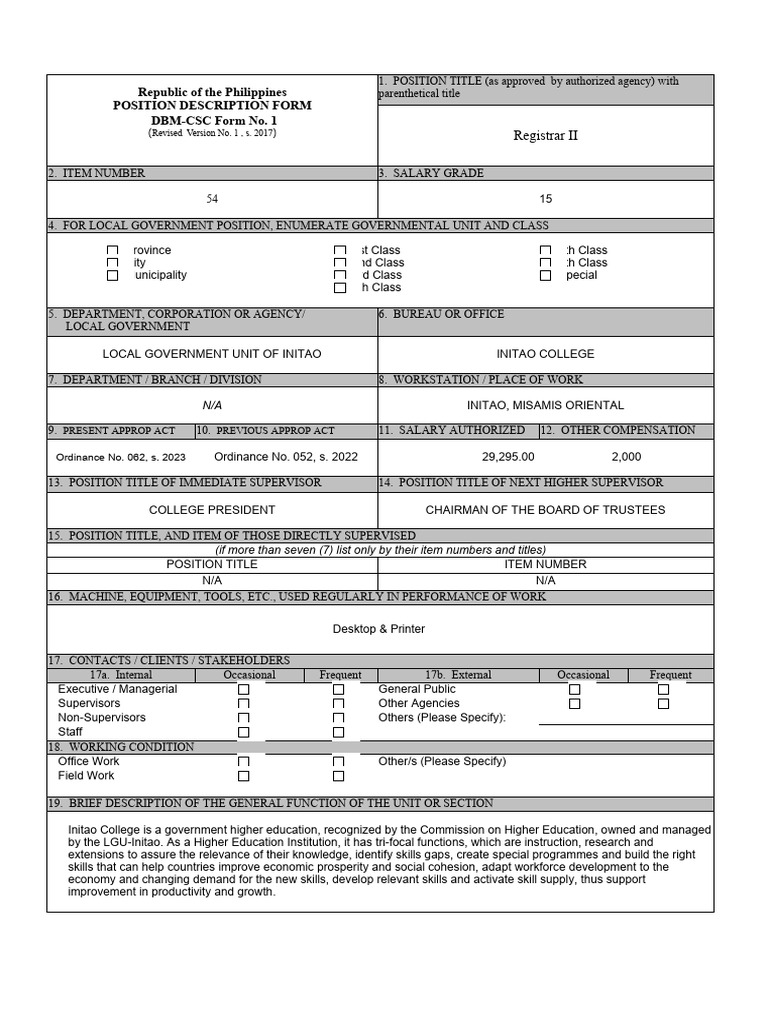 DBM-CSC Form No. 1 Position Description Forms | PDF | Business