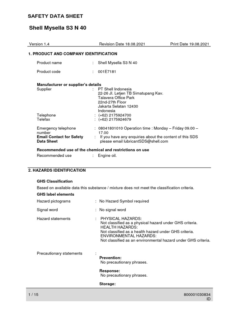 Shell Mysella S3 N 40 Safety Data Sheet | PDF | Dangerous Goods | Toxicity
