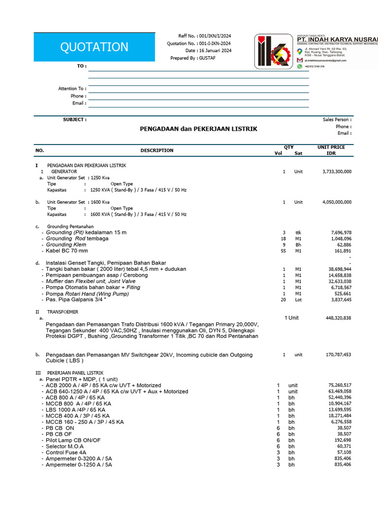 Quotation Genset Dan Trafo | PDF