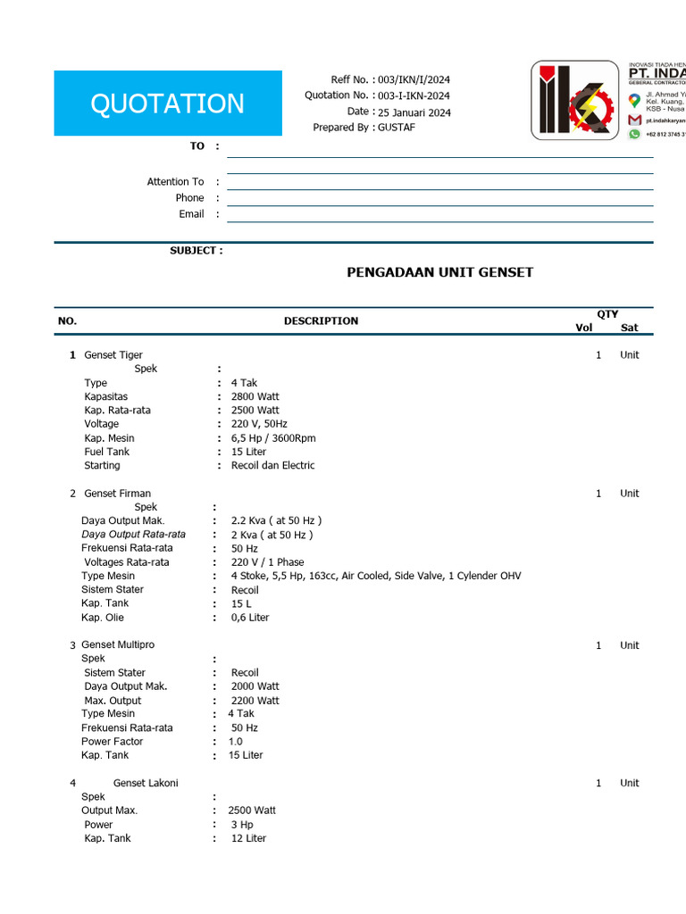 Quotation Unit Genset 2000 Watt | PDF | Electrical Engineering ...