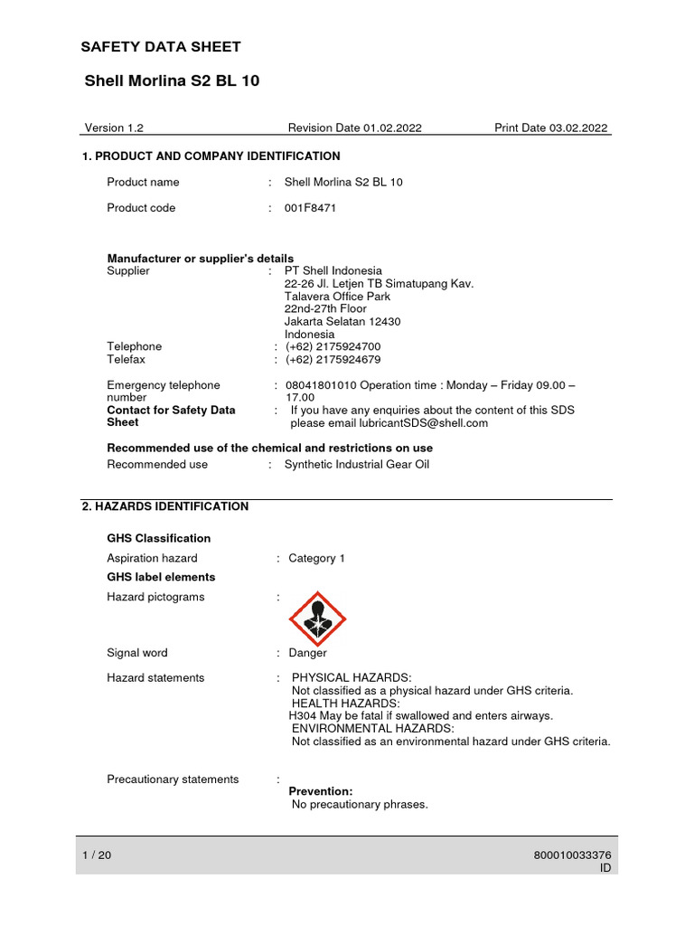 MSDS Shell Morlina S2 BL 10 EN | PDF | Toxicity | Waste