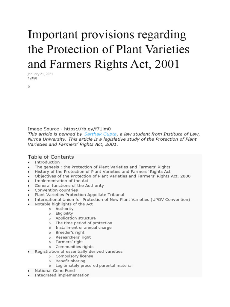 Important Provisions Regarding The Protection of Plant Varieties and ...