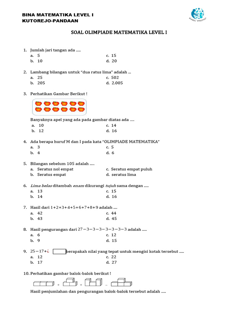 Soal Olimpiade MTK Level 1.a | PDF | Metode & Bahan Ajar