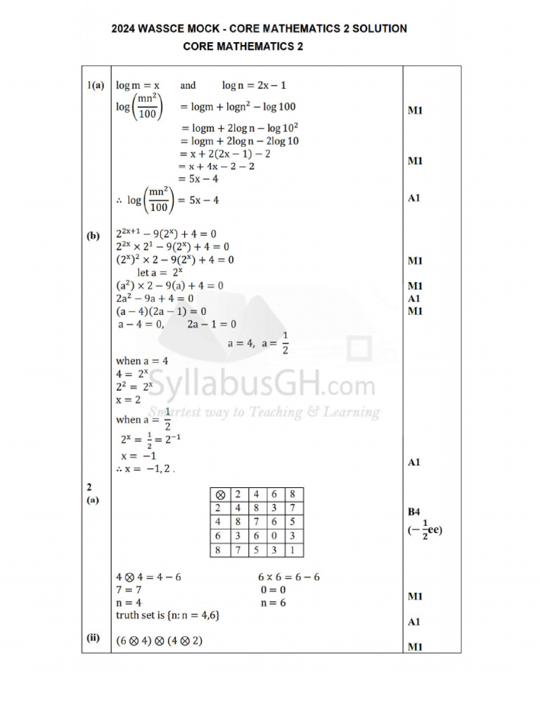 2024 WASSCE Mock Core Mathematics 2 Solution | PDF
