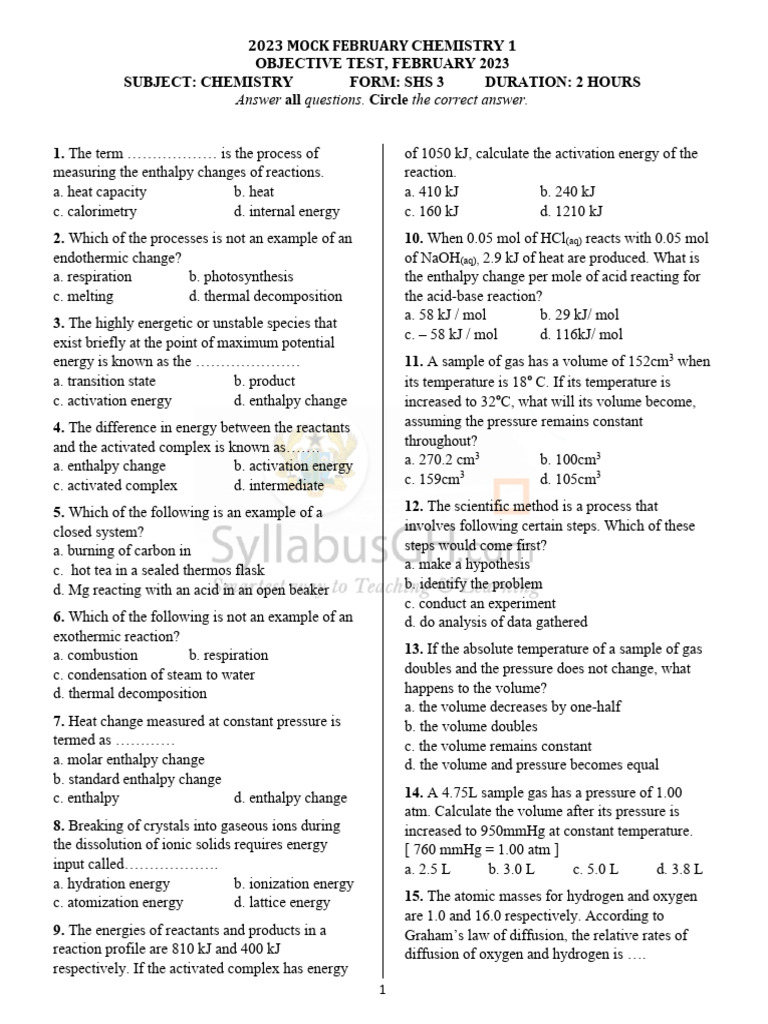 2023 Chemistry Objective Test SHS 3 | PDF | Atoms | Proton