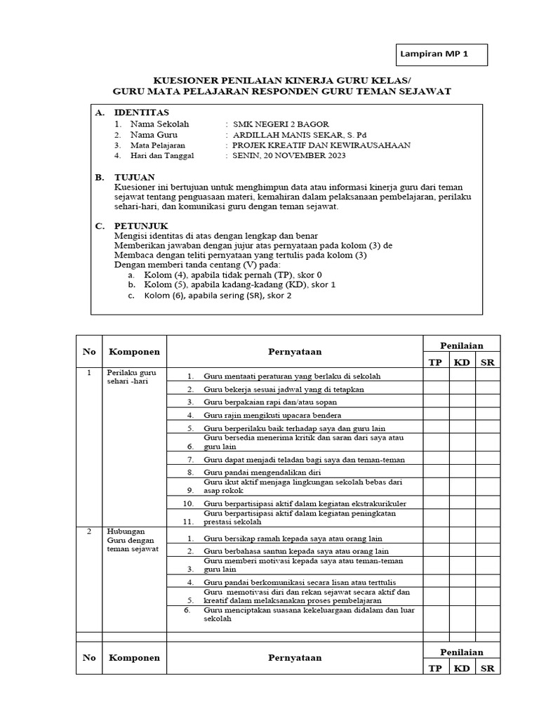 Lampiran MP1 Kuisioner Teman Sejawat (5) Ardillah Manis | PDF