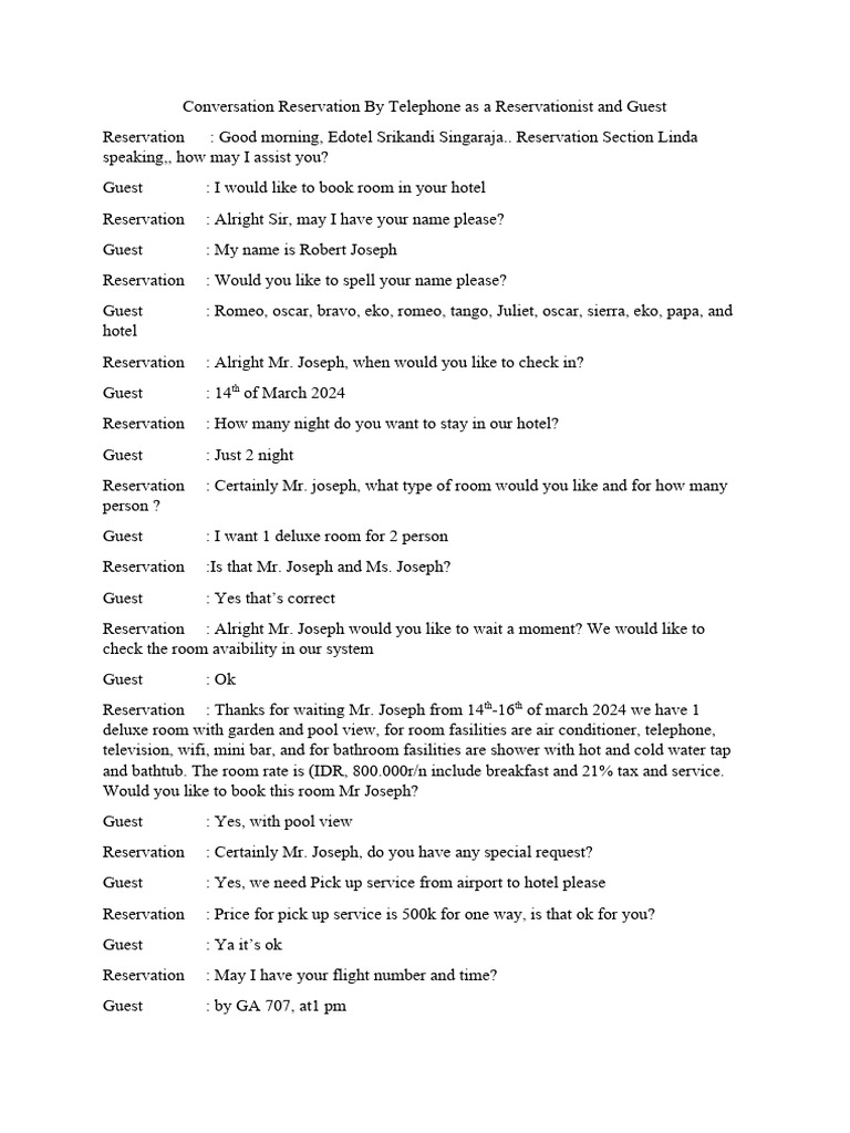 Conversation Reservation by Telephone 2024 | PDF