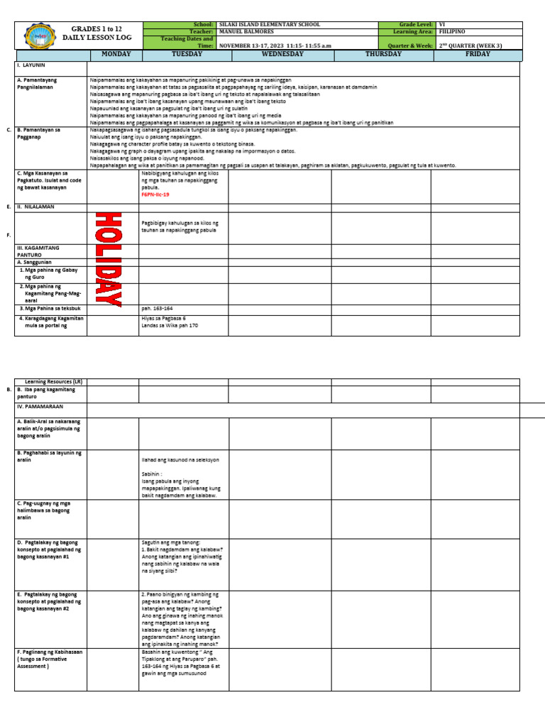 DLL Fiilipino 6 q2 w3 | PDF