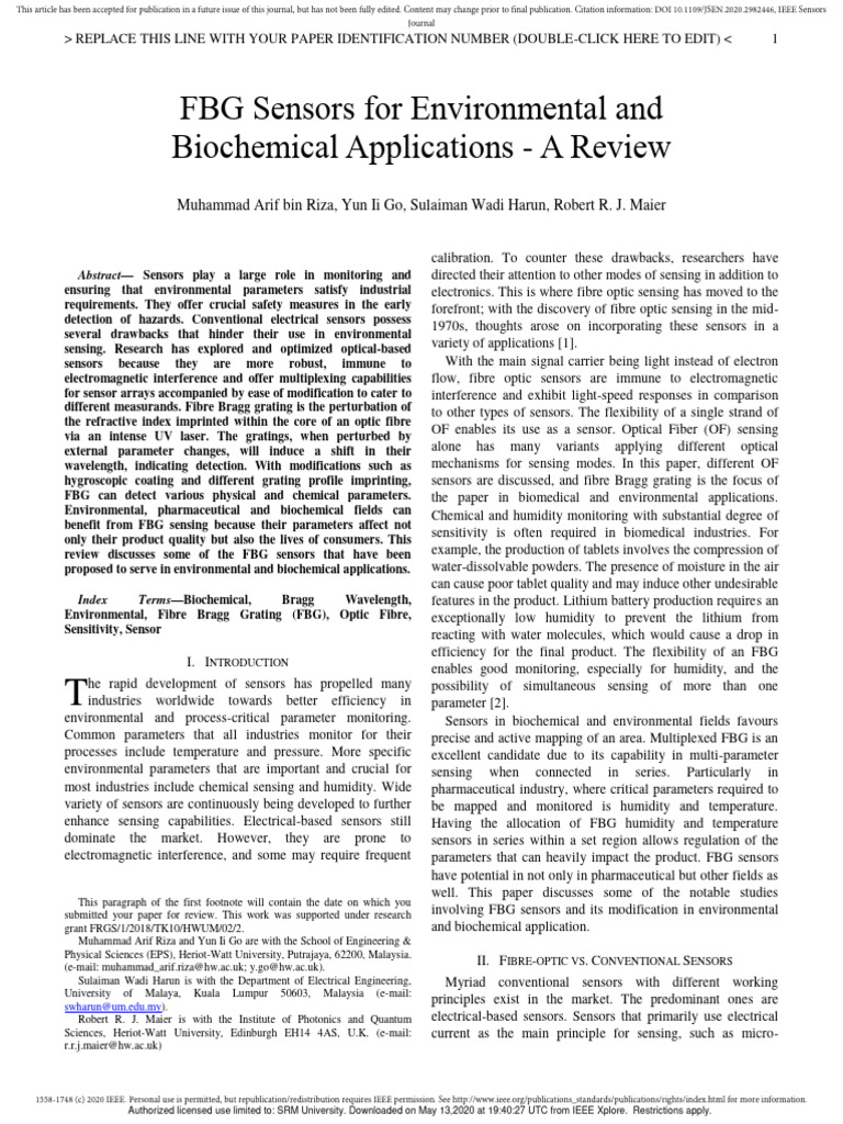 FBG Sensors For Environmental and Biochemical Applicatio Review | PDF
